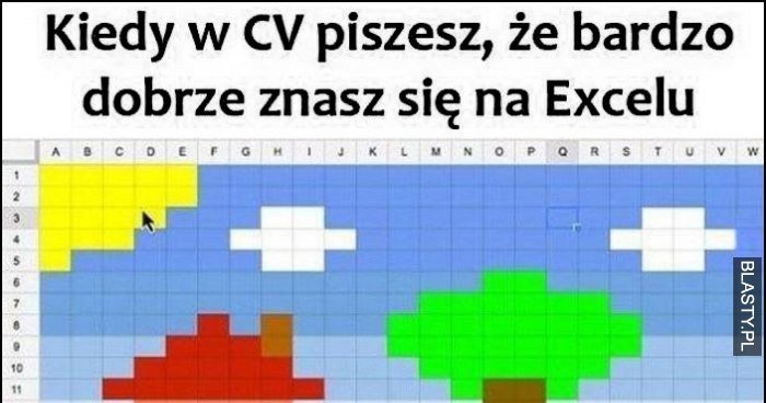 Kiedy w CV wpiszesz, że bardzo dobrze znasz się na excelu rysunek grafika kolorowe pola memy ...