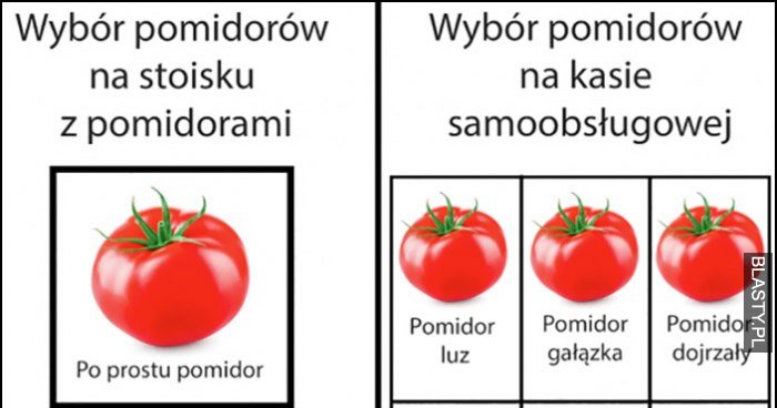 Wybór pomidorów na stoisku z pomidorami: po prostu pomidor vs na kasie ...